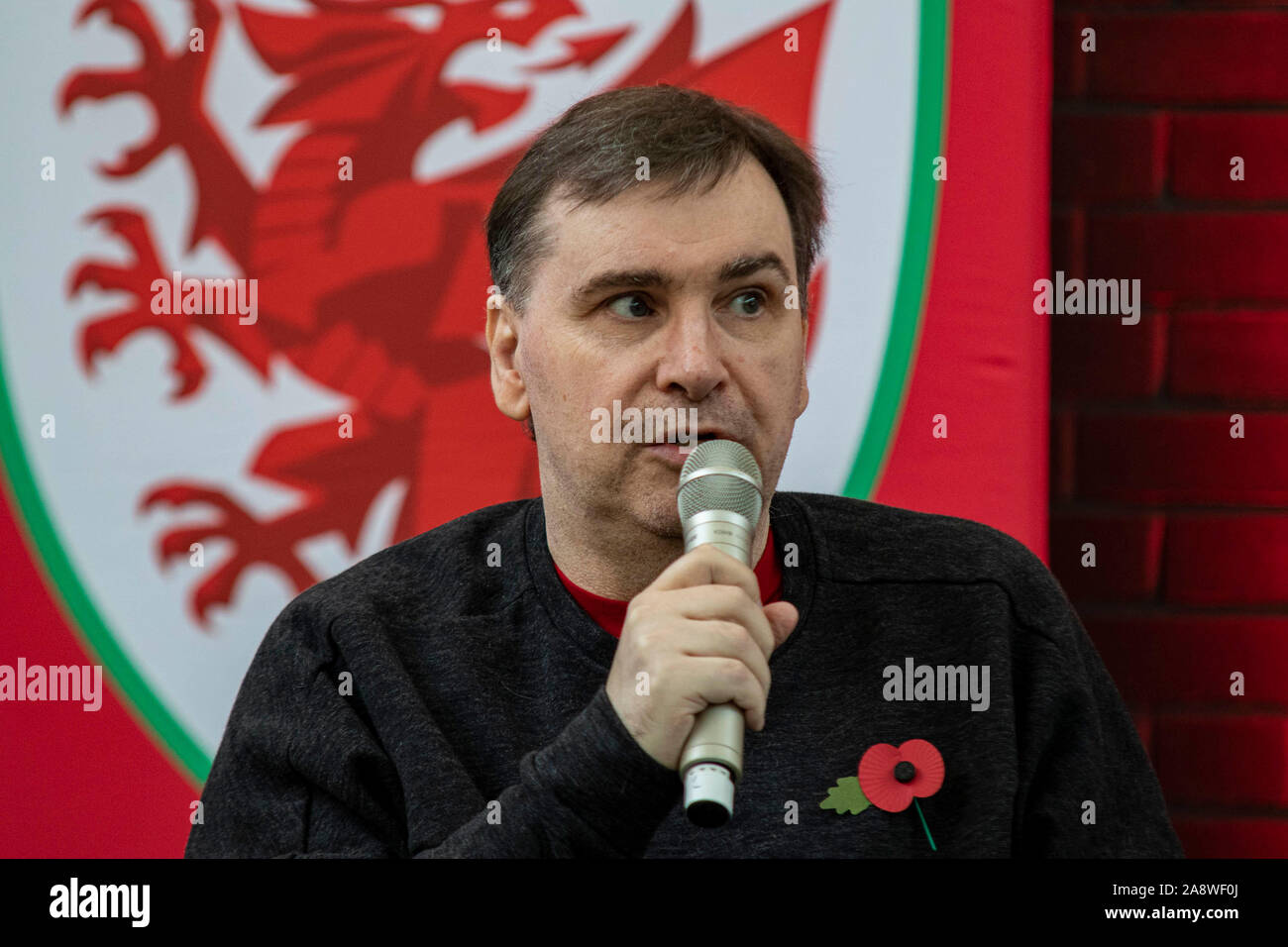 Cardiff, Wales 11/11/19. Curator Neal Heard speaks at the FAW match ...