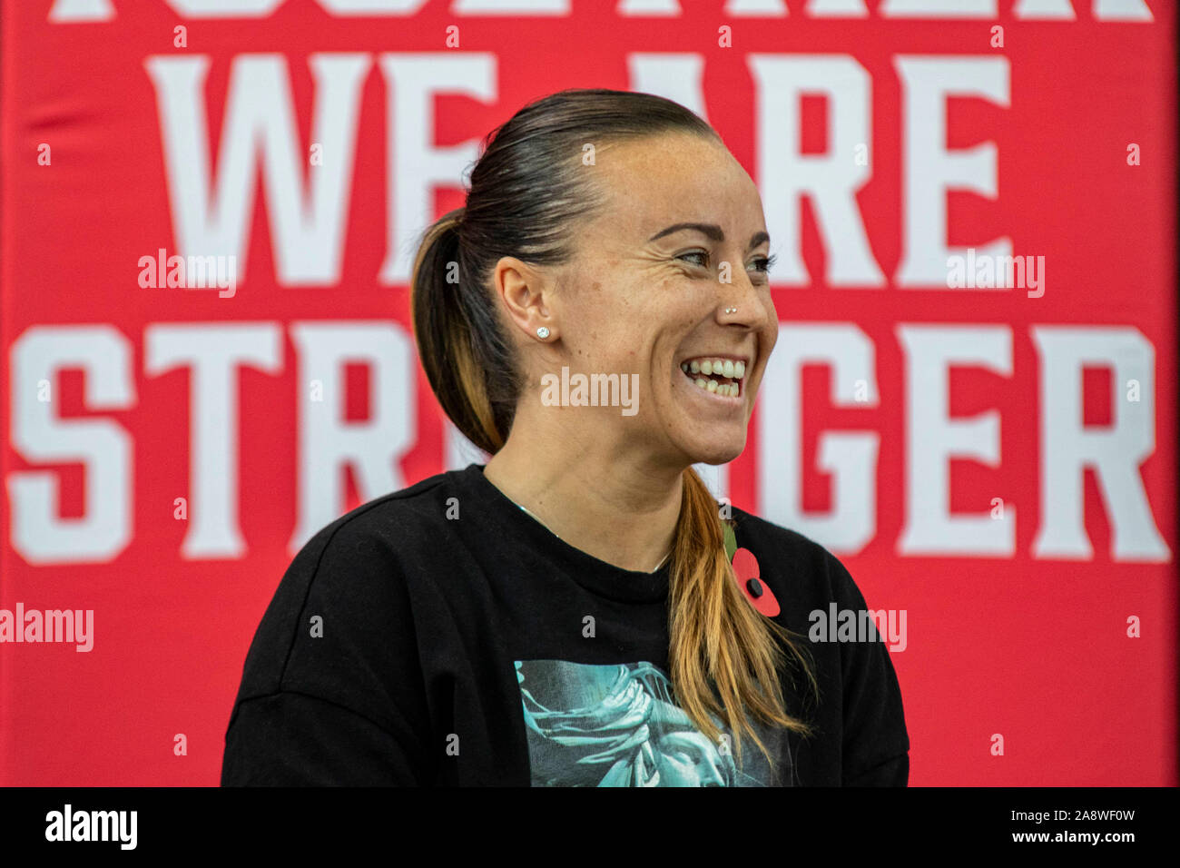 Cardiff, Wales 11/11/19. Welsh International Natasha Harding speaks at ...