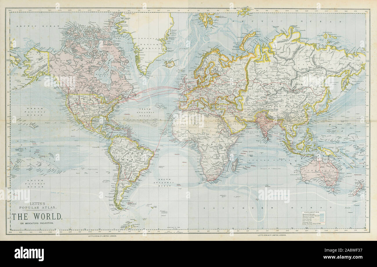 WORLD ON MERCATOR'S PROJECTION. British Empire. Telegraph cables. LETTS ...