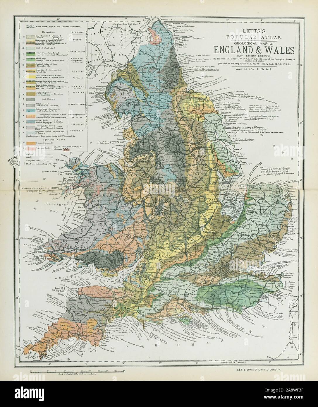 ENGLAND & WALES colour geological Map. LETTS 1883 old antique plan ...