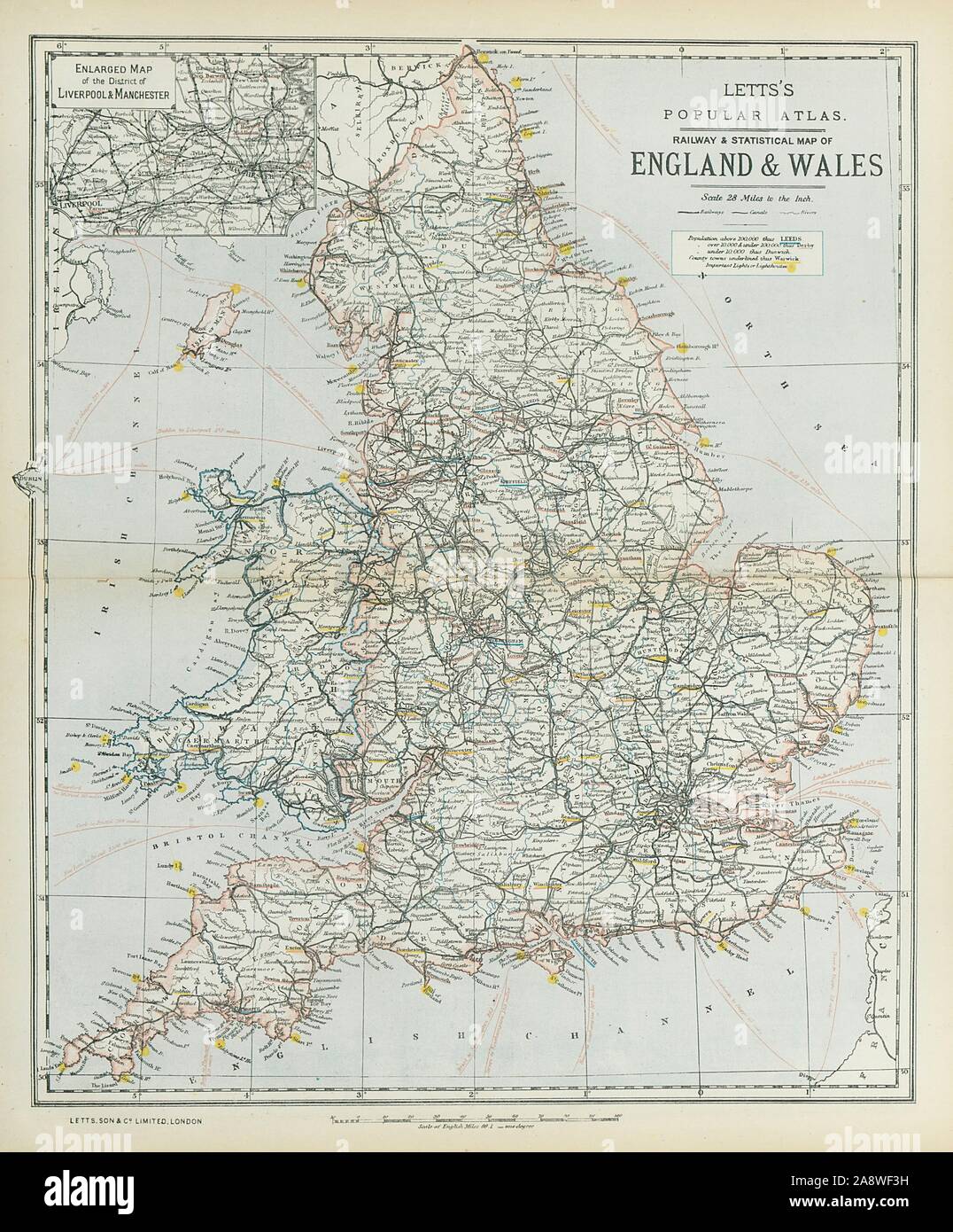 ENGLAND AND WALES. Canals Railways Lighthouses. LETTS 1883 old antique ...
