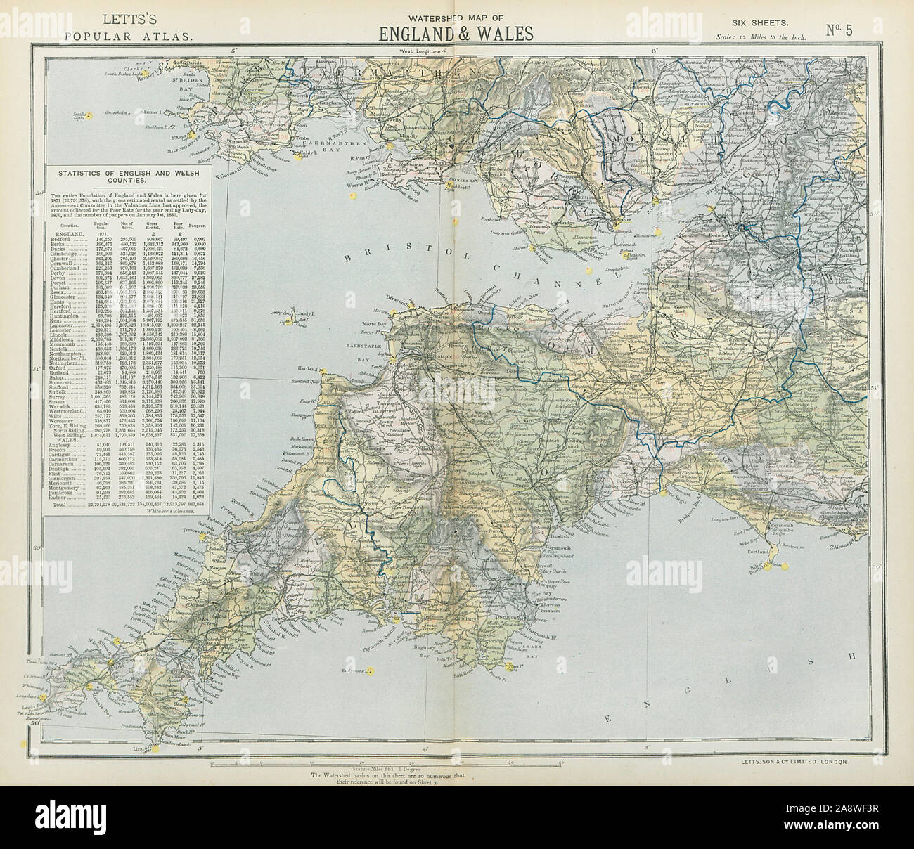 SOUTH WEST ENGLAND & SOUTH WALES WATERSHEDS. Lighthouses. LETTS 1883 ...