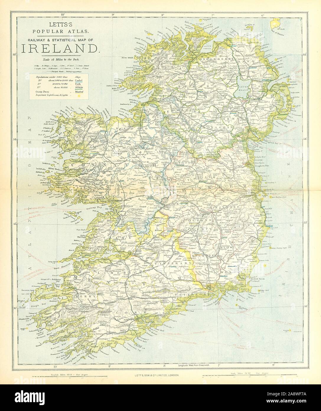 IRELAND. Showing roads, railways, counties & provinces. LETTS 1883 old ...