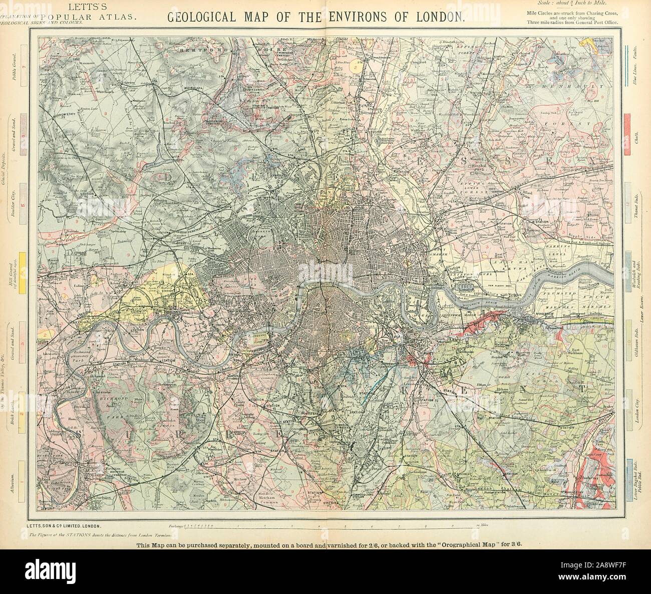 Geological map of the Environs of London. LETTS 1883 old antique chart ...