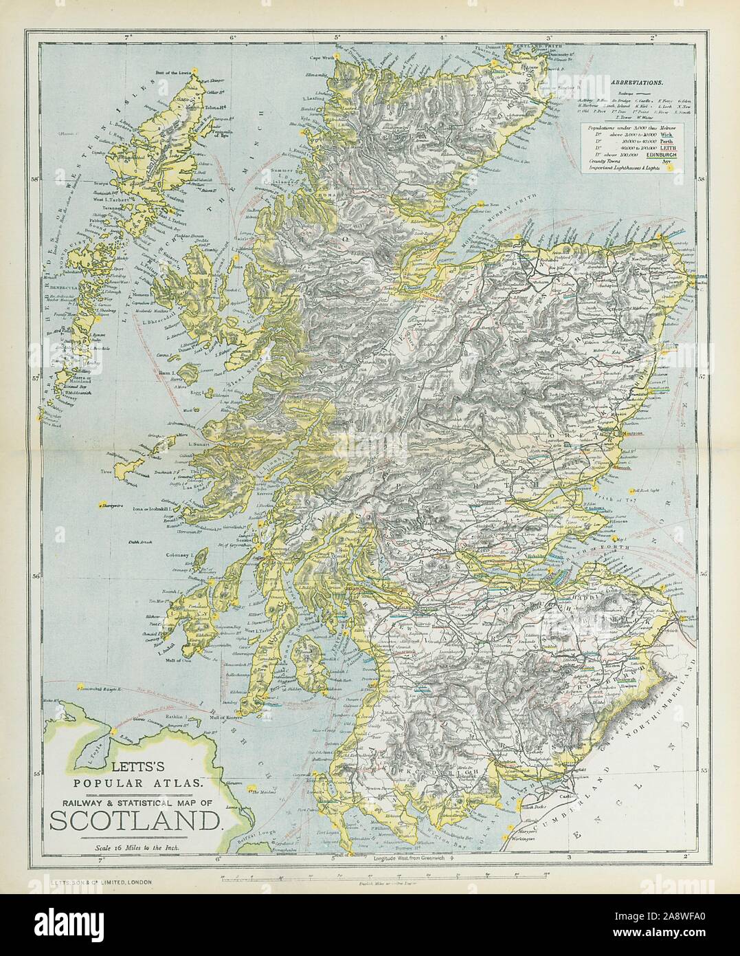 SCOTLAND. General map showing counties railways lighthouses. LETTS 1883 ... SCOTLAND. General map showing counties railways lighthouses. LETTS 1883 ...