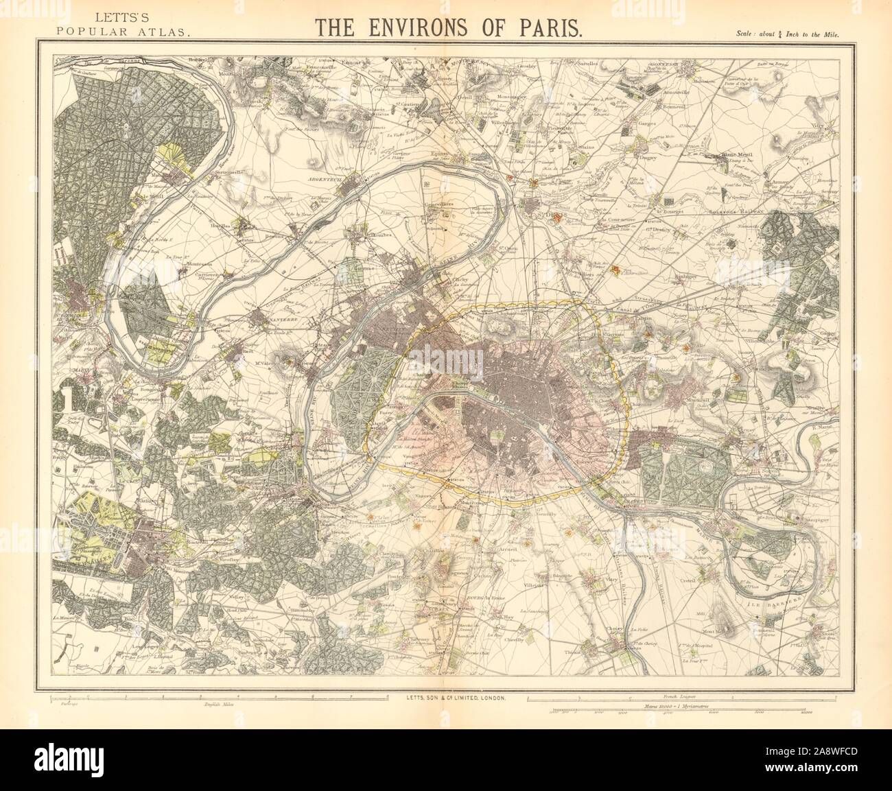 PARIS ENVIRONS. Fortifications. Railways. Versailles. LETTS 1883 old ...