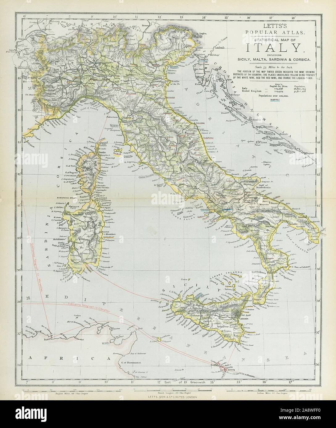 ITALY with red & white wine & liqueur growing districts in green. LETTS ...