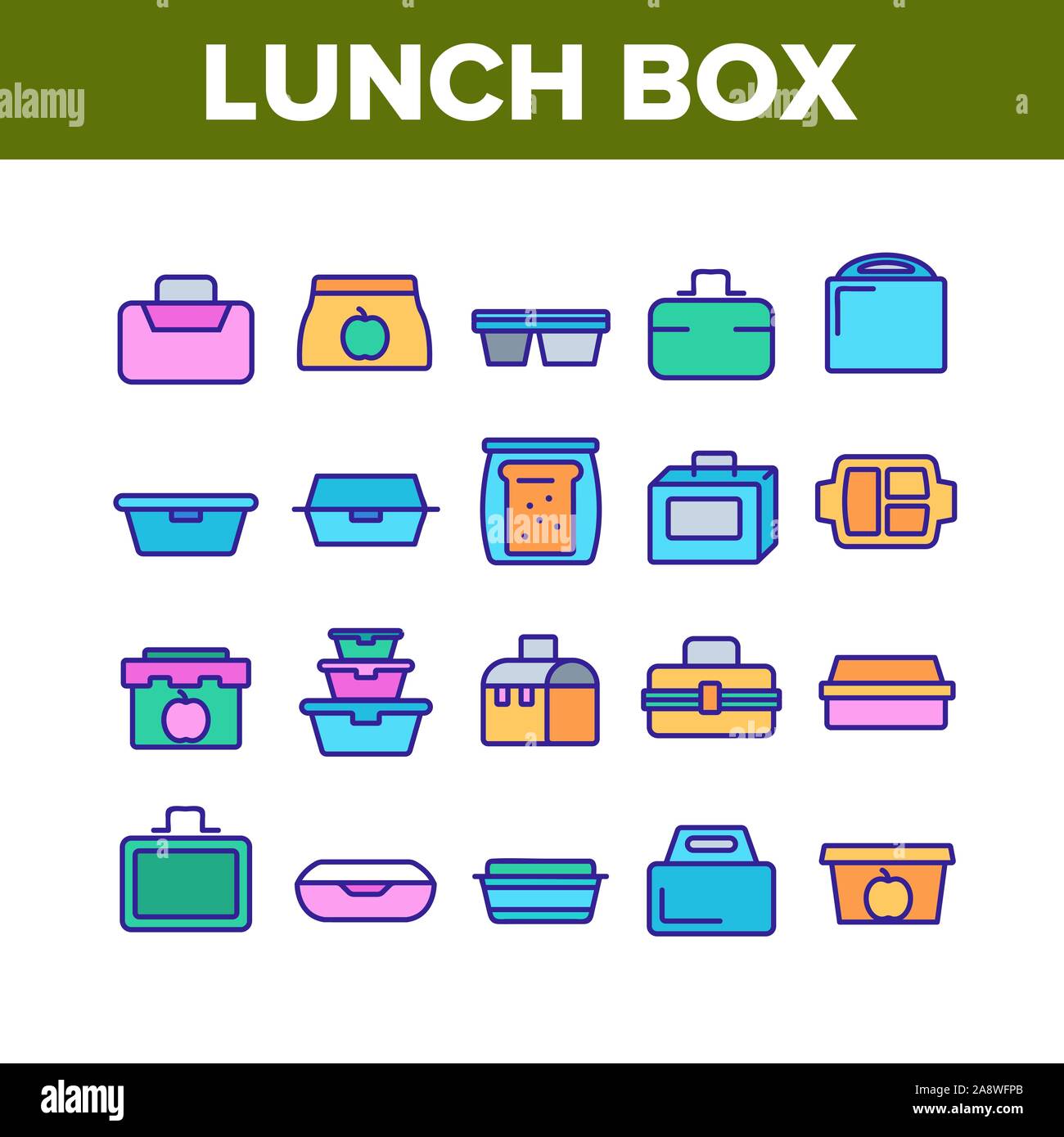 Lunch Box Collection Elements Icons Set Vector Stock Vector Image & Art ...