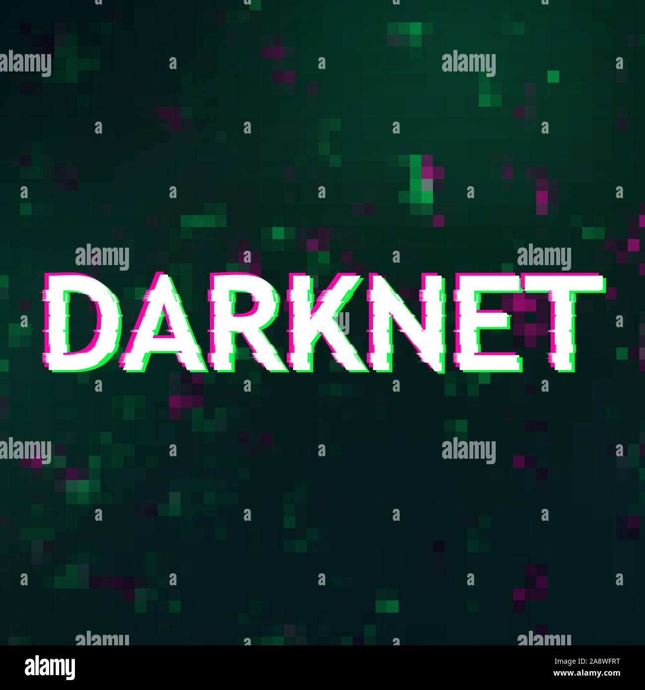Darknet inscription in glithched style over dark pixelated background ...