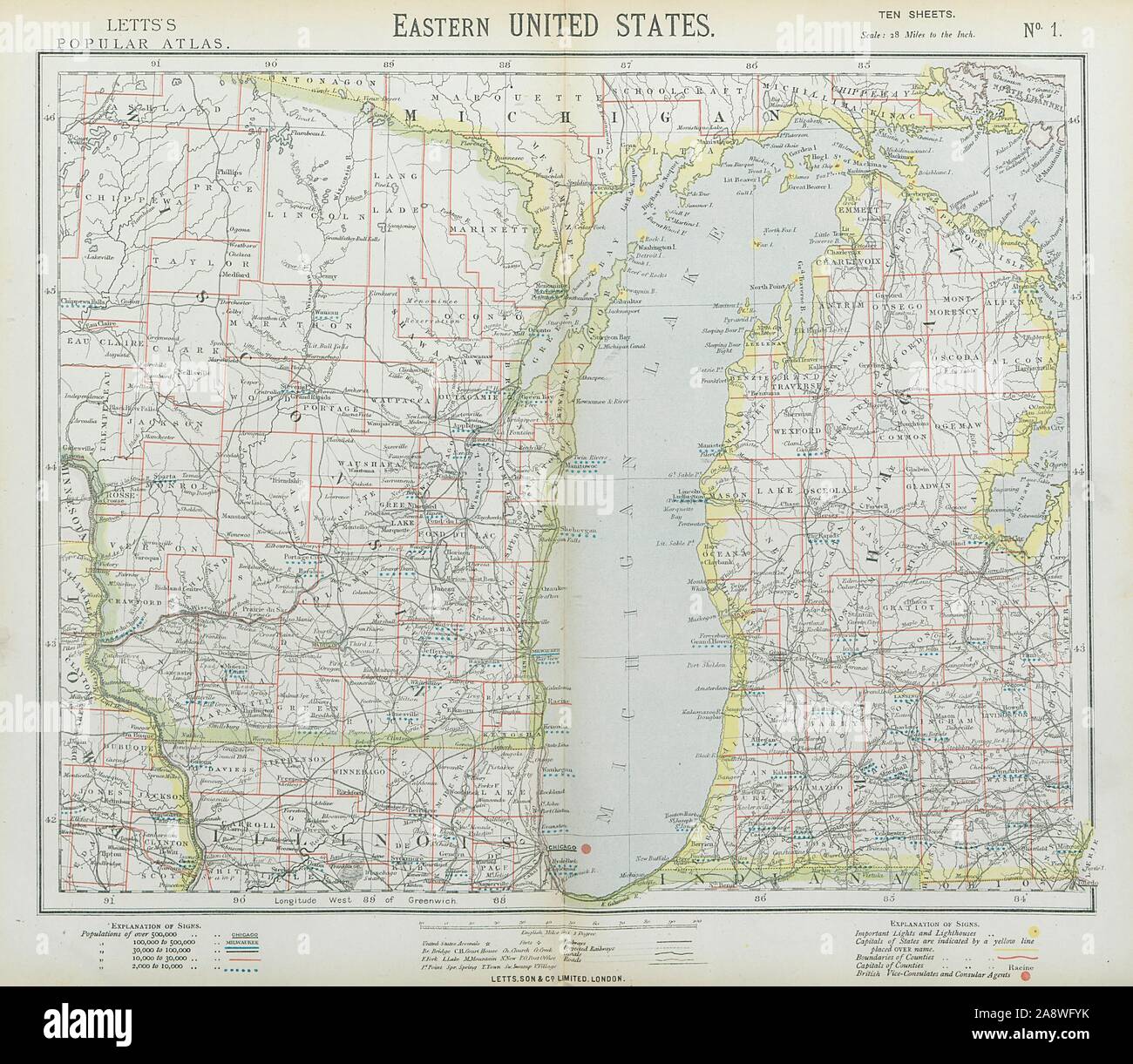 LAKE MICHIGAN. Wisconsin Michigan Chicago. Railroads Lighthouses. LETTS ...