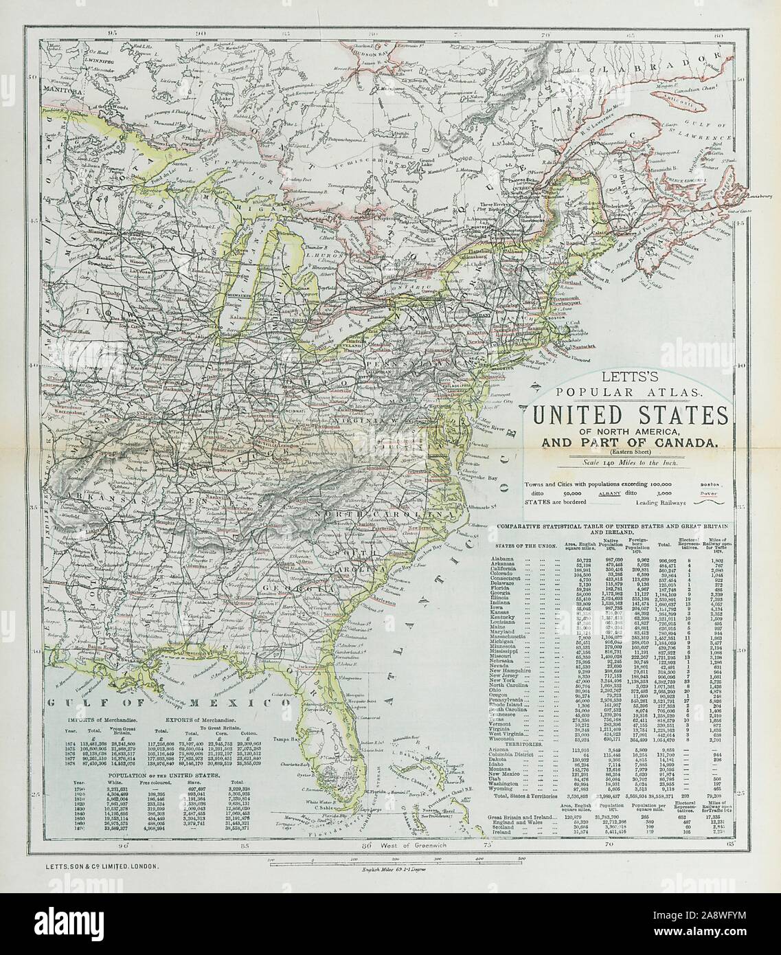 EASTERN UNITED STATES. Railroads. Population table. LETTS 1883 old ...
