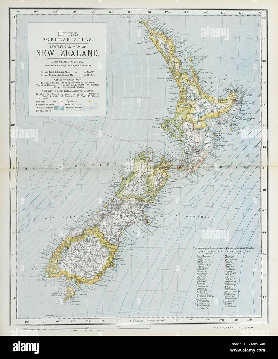 NEW ZEALAND Lighthouses railways telegraph cables ocean currents. LETTS ...