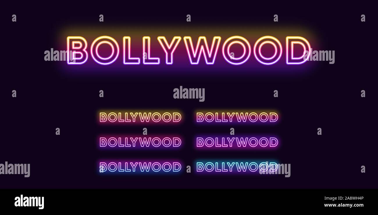 Neon Bollywood name, Indian Cinema industry. Set of glowing Neon text ...