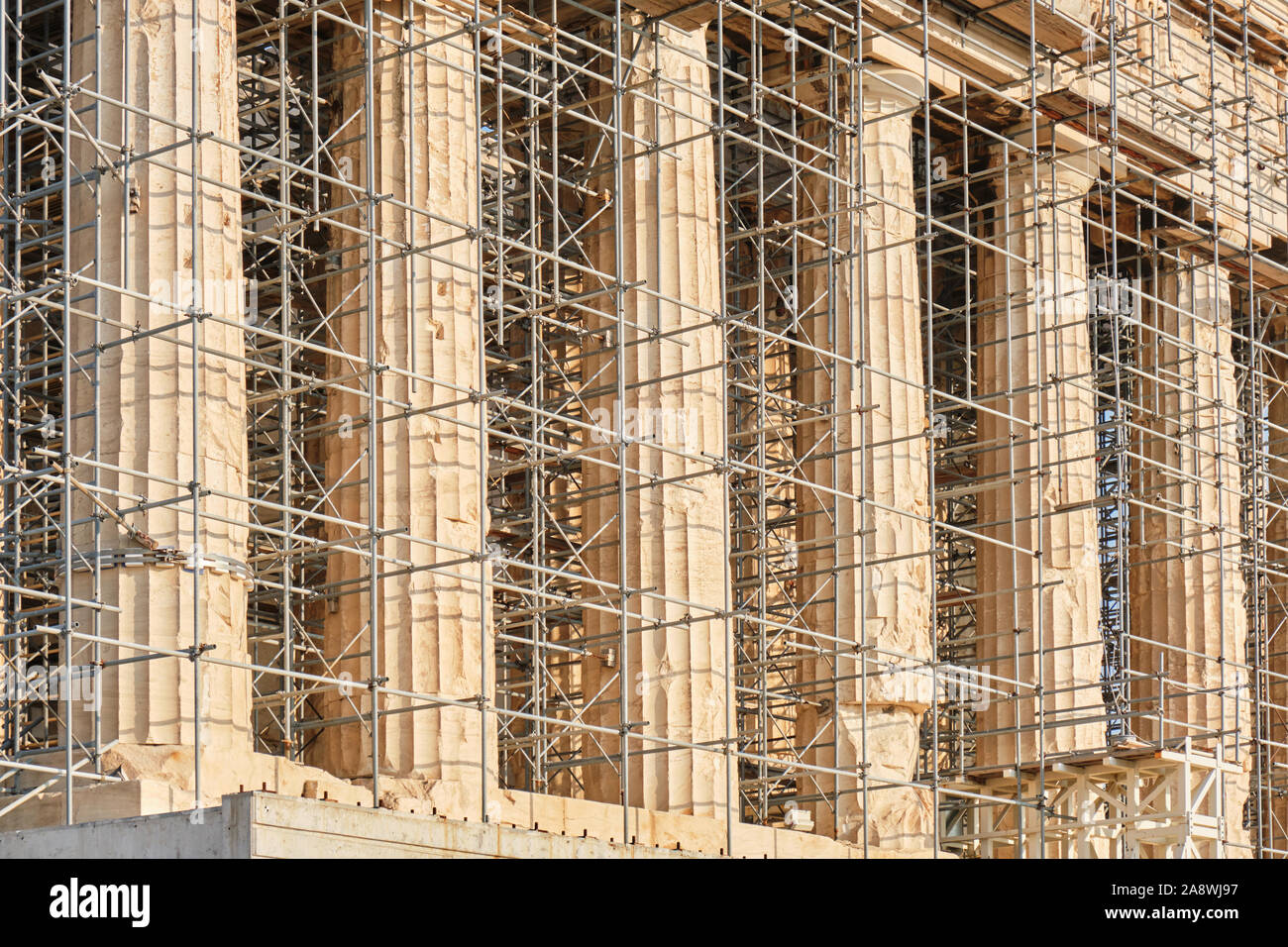 Restoration of Parthenon temple marble columns at the Acropolis, Athens, Greece, surrounded by ...