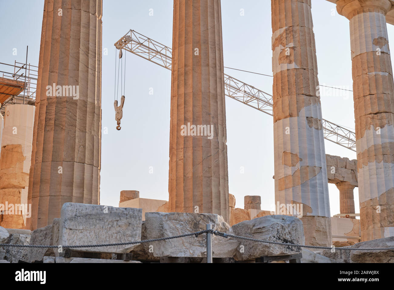 Machine crane between columns of Parthenon temple at the Acropolis ...