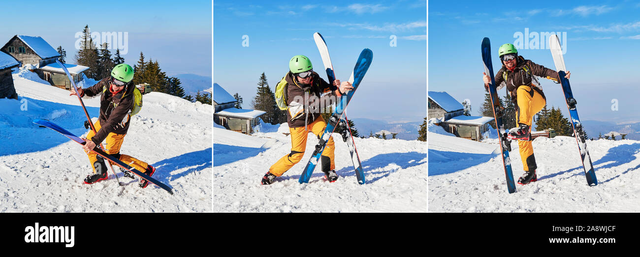 Clumsy funny skier holding his skis in different, wrong positions ...