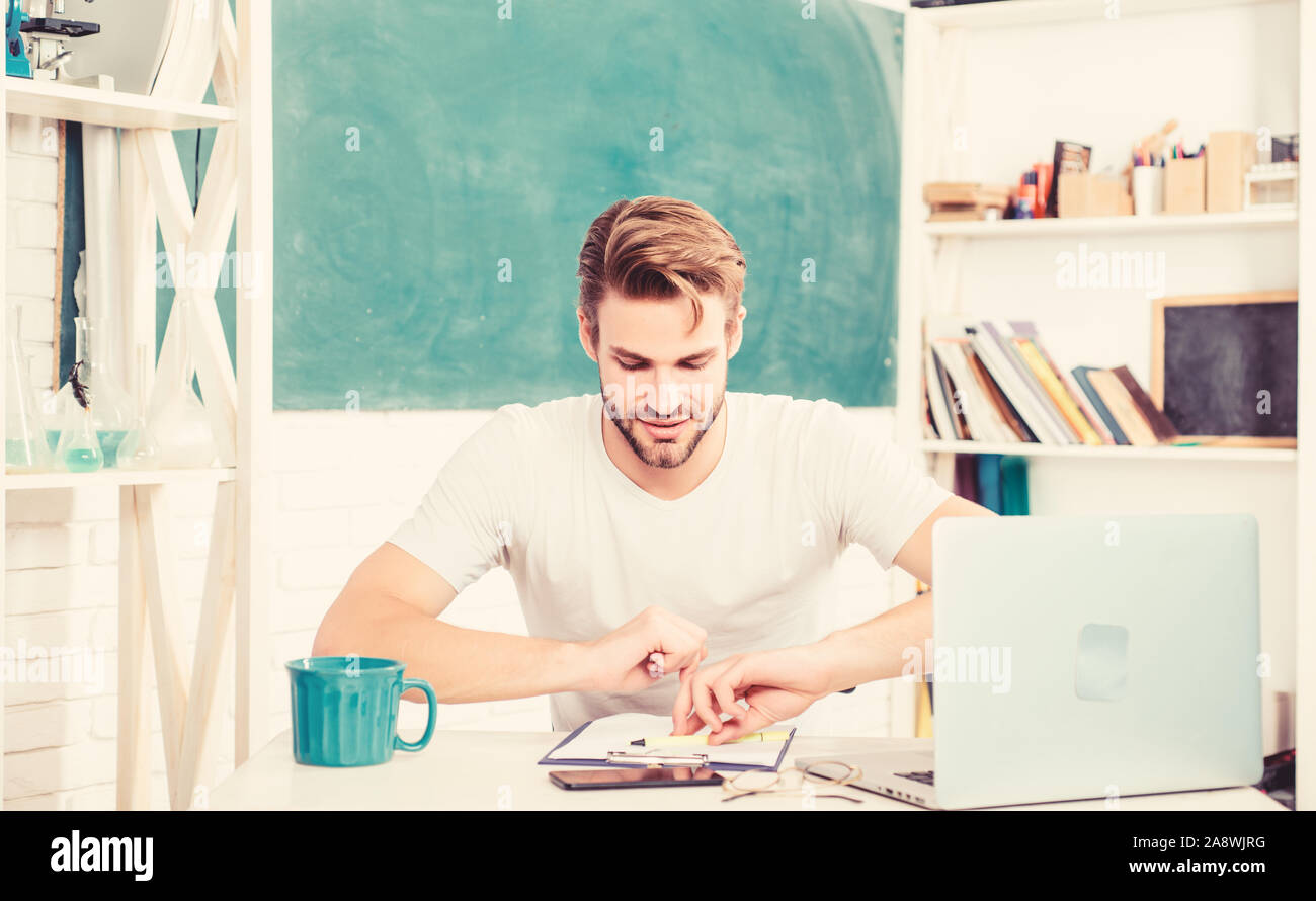 Digital technology. Apply online programming course. Handsome man use ...