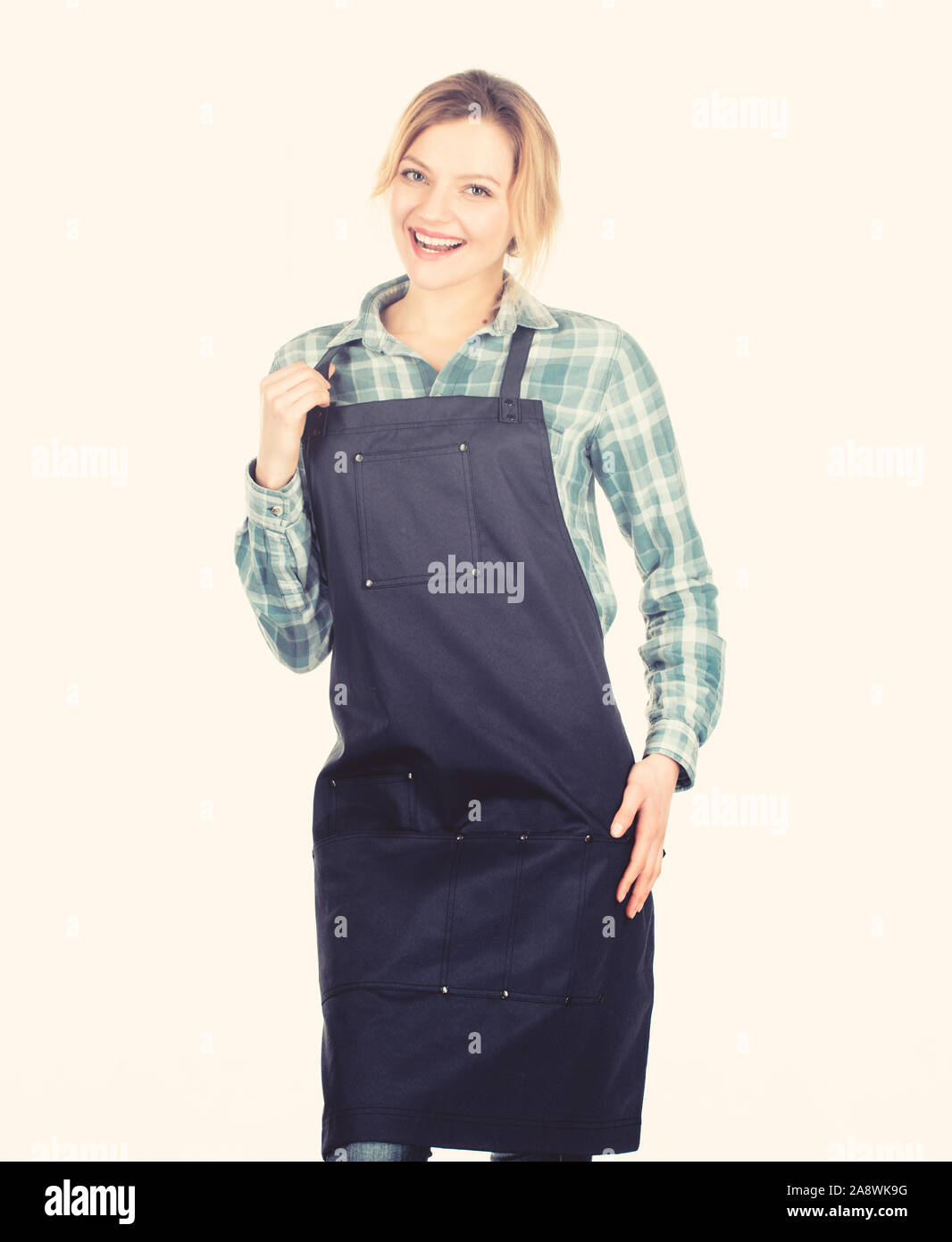Gender stereotype. Cook with passion for family. Woman in kitchen apron ...