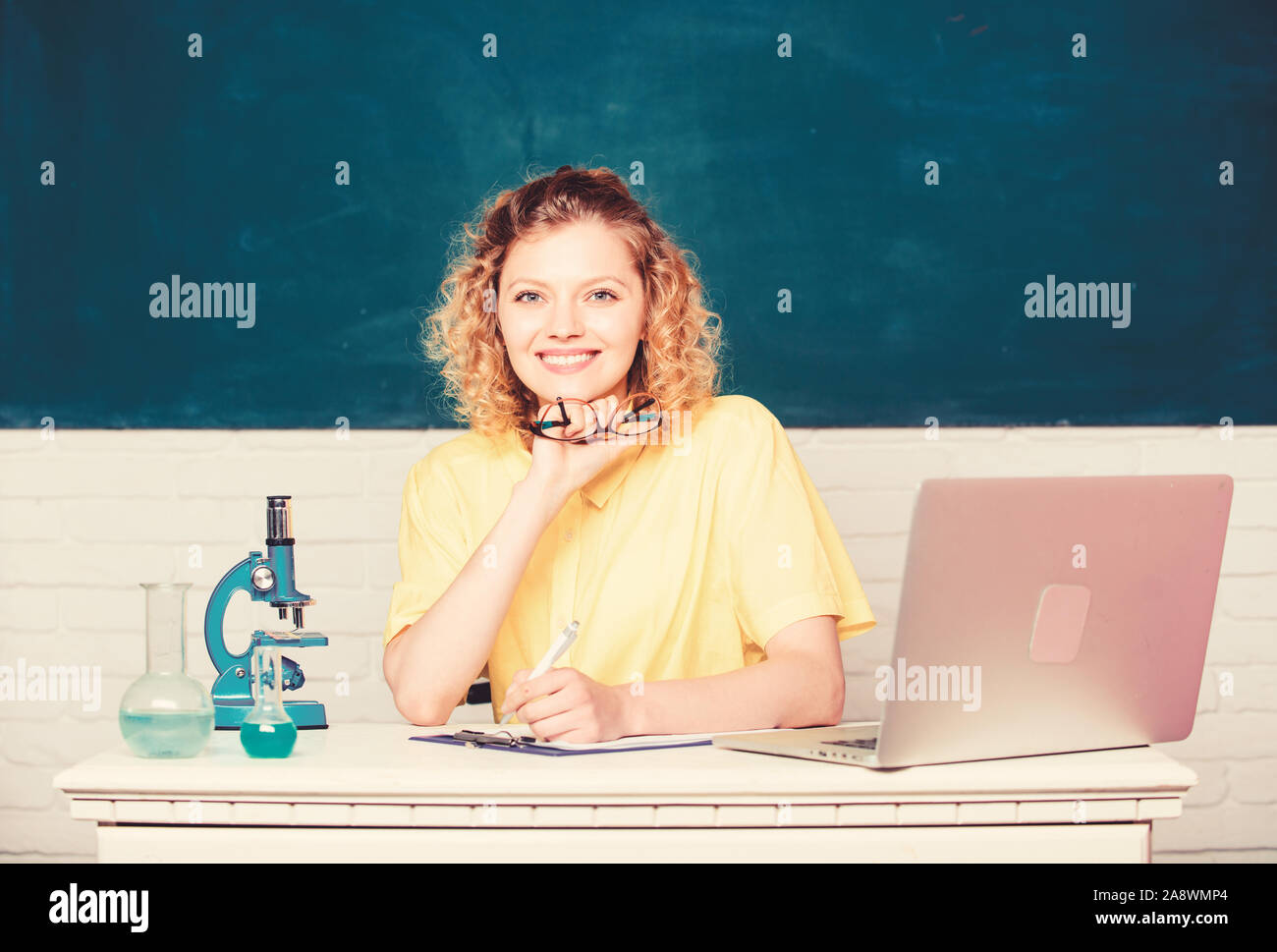 University student or school teacher. Back to school. School laboratory ...