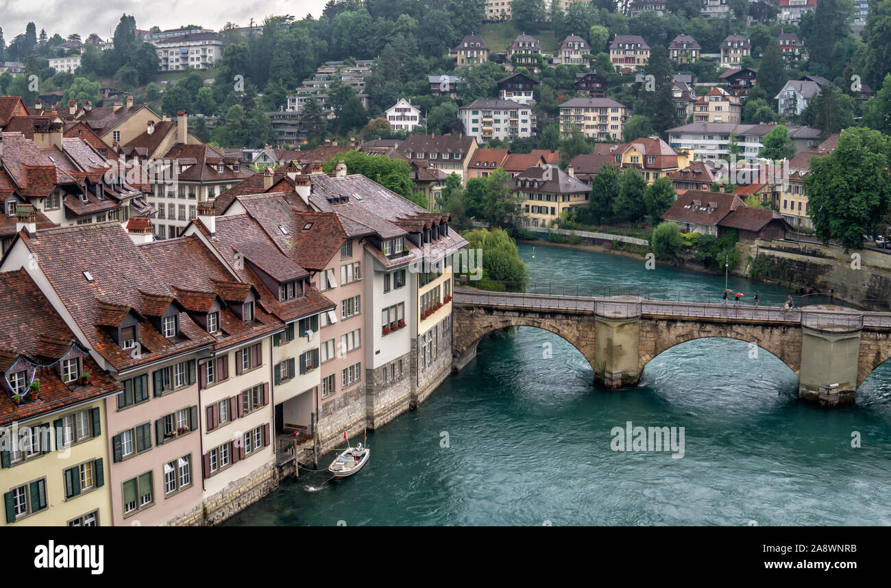 Bern, Switzerland. Panorama of the old city center and Untertorbrucke ...
