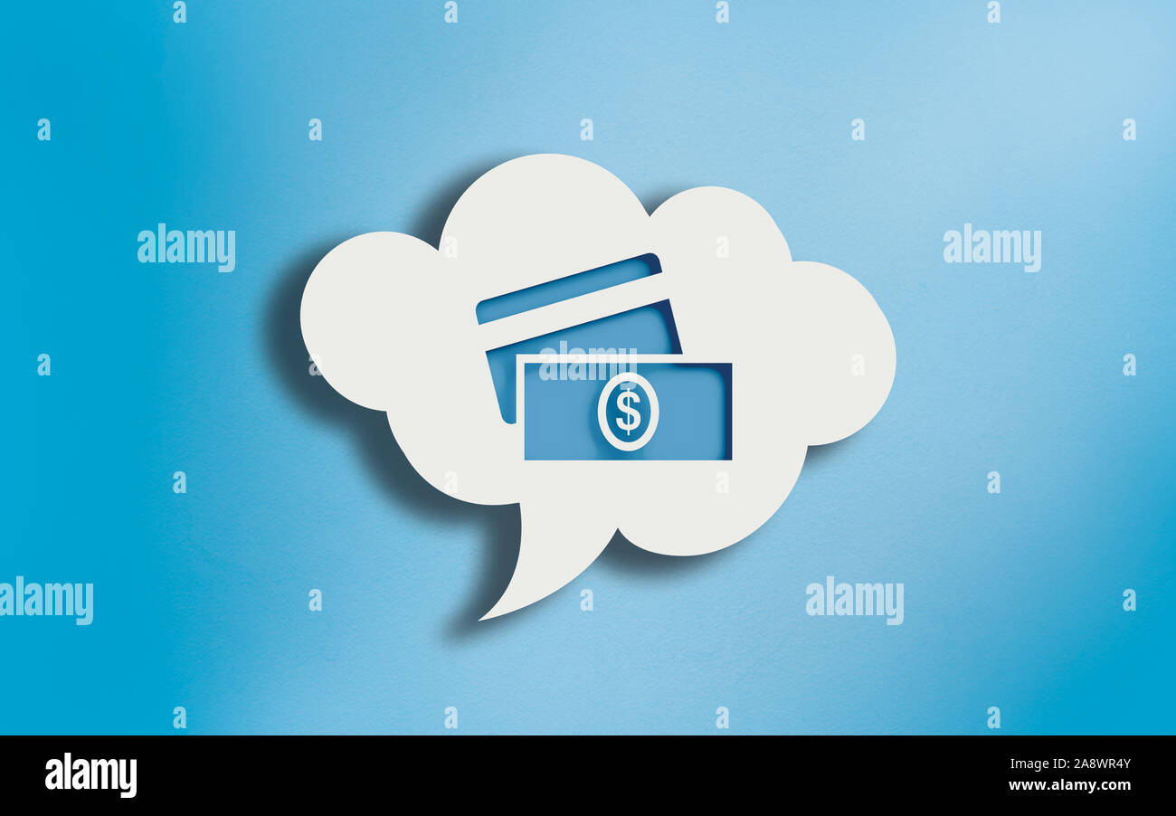 Cut out monet icon in a cloud shape speech bubble on blue background ...