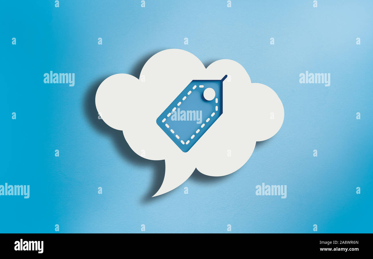 Cut out price tag icon in a cloud shape speech bubble on blue ...