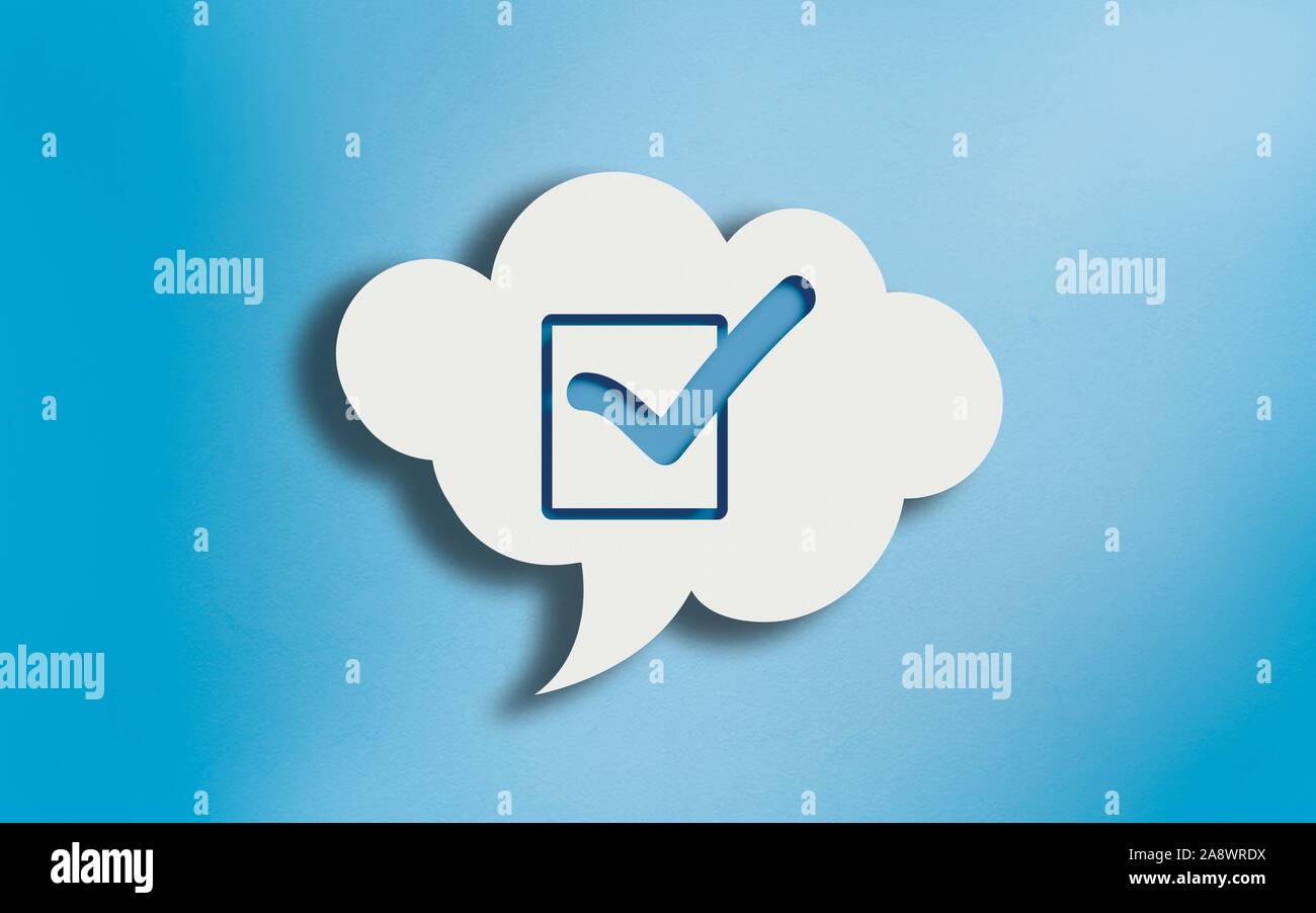 Cut out question Checkbox icon and ok sign in a cloud shape speech ...