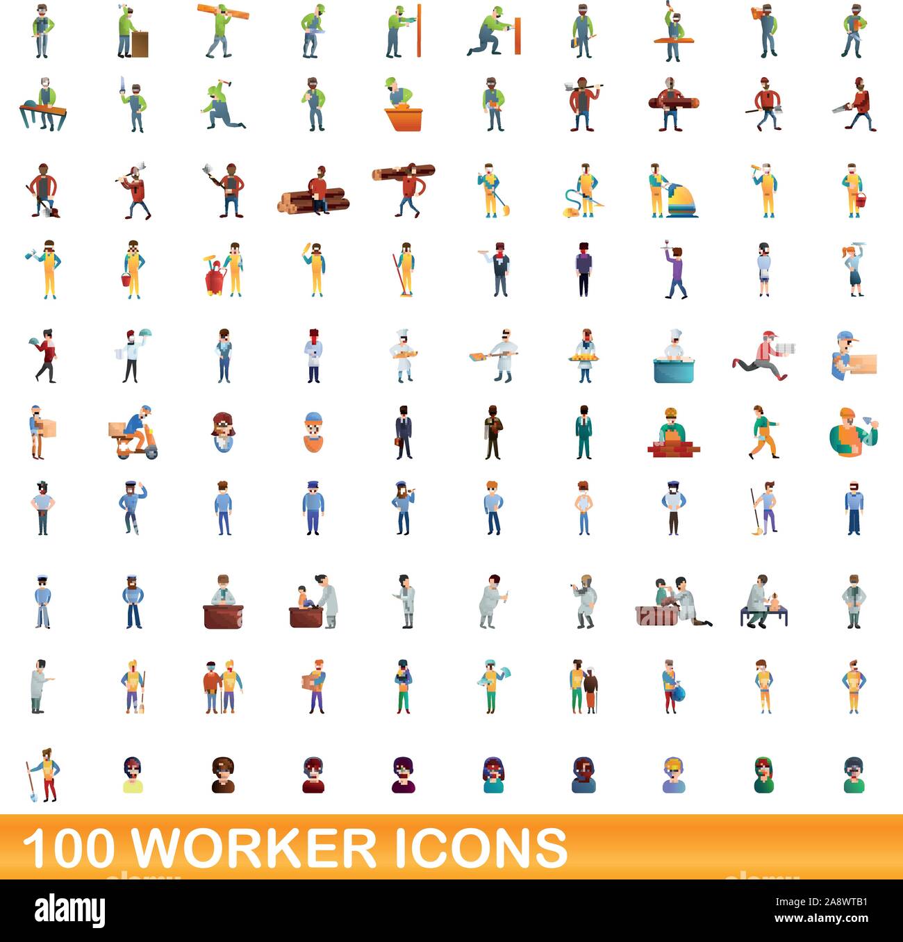 100 worker icons set. Cartoon illustration of 100 worker icons vector ...