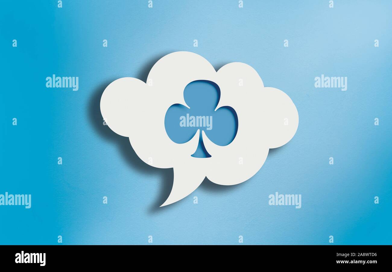 Cut out Club playing cards icon in a cloud shape speech bubble on blue ...