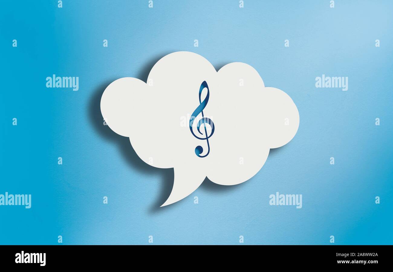 Cut out Treble Clef icon in a cloud shape speech bubble on blue ...