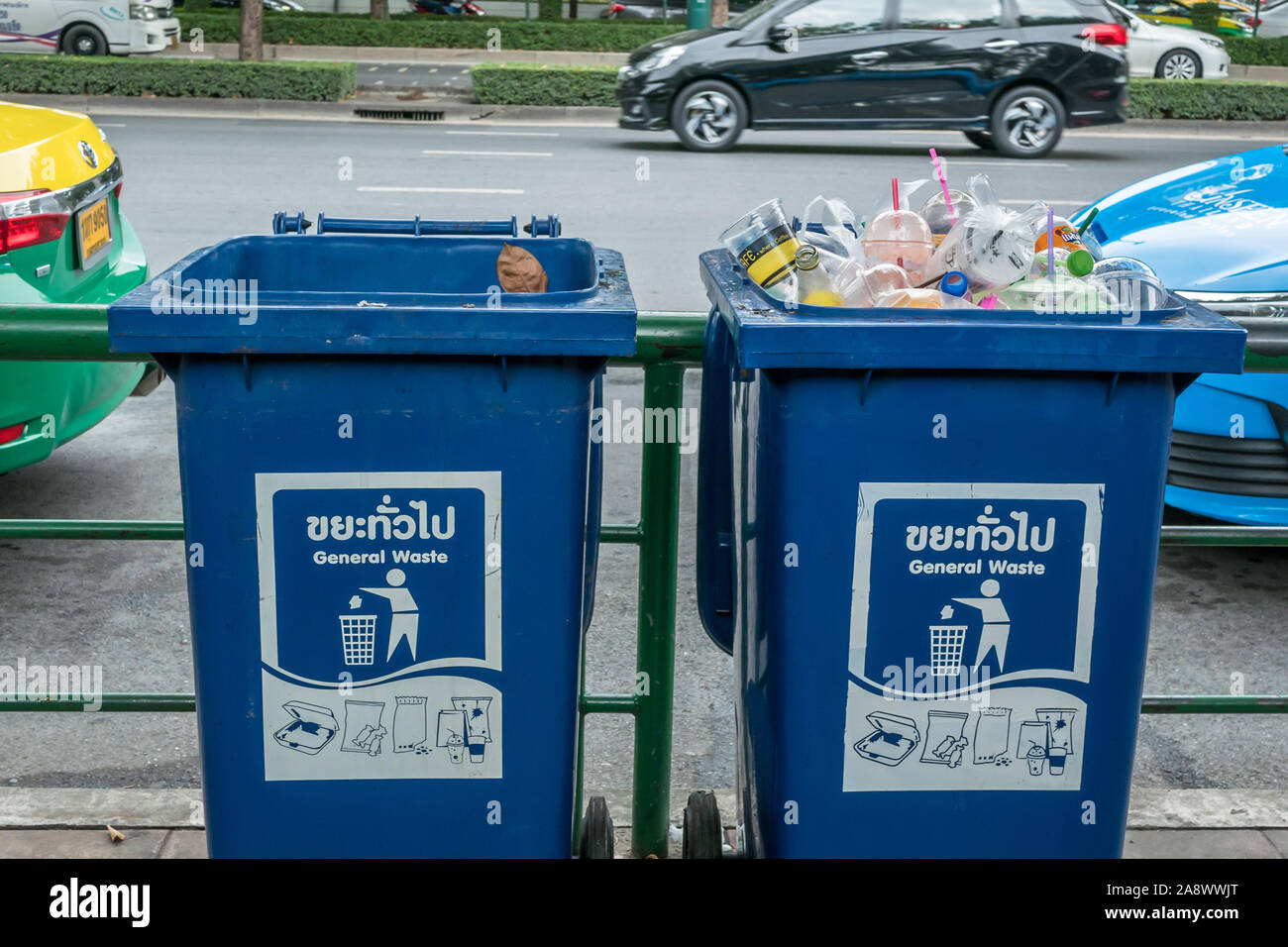 Bangkok,Thailand - November 2,2019 : Blue trash bin full of garbage ...