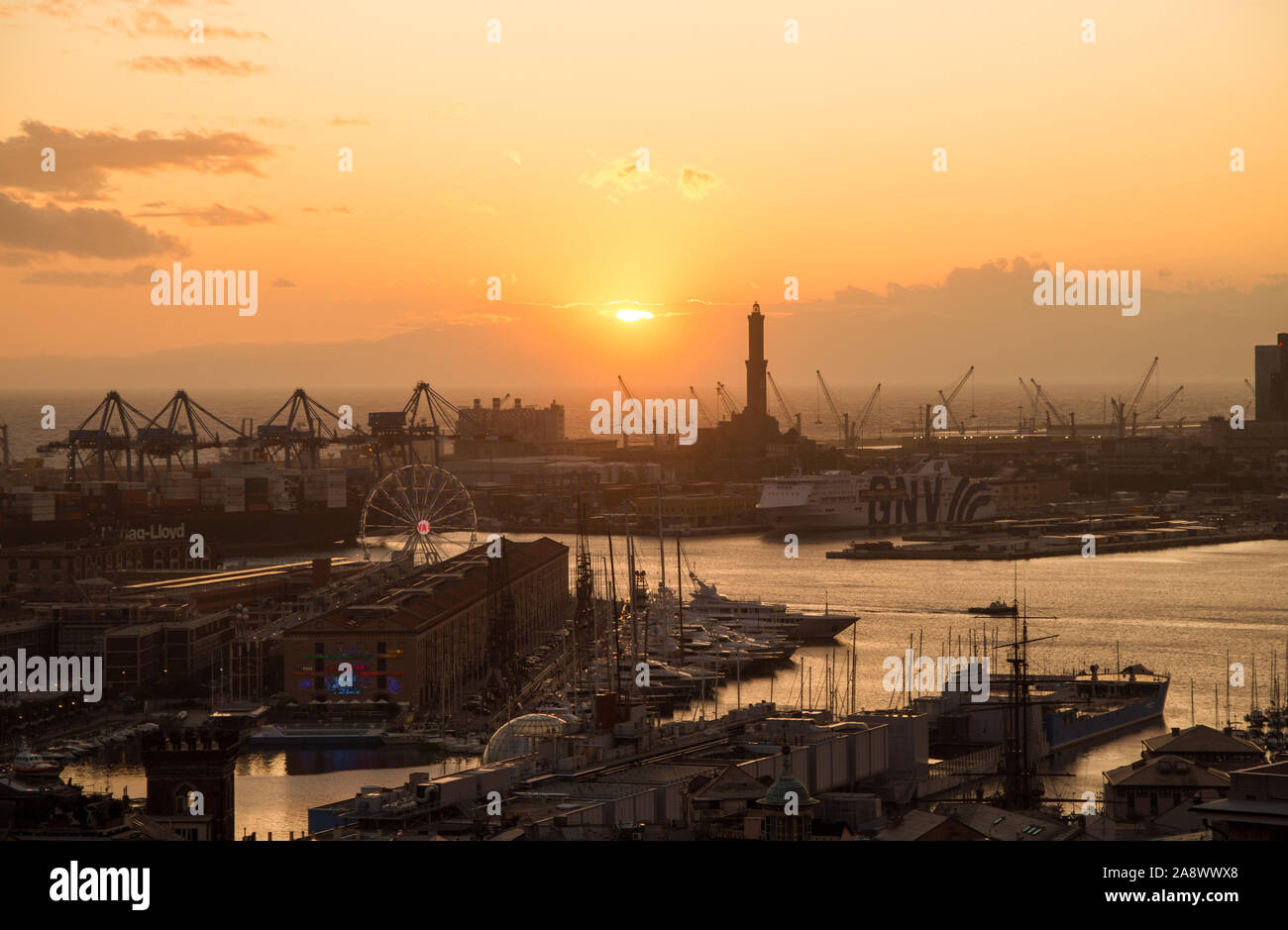 GENOA, ITALY, NOVEMBER 5, 2019 - Aerial view of Genoa, Italy at sunset ...