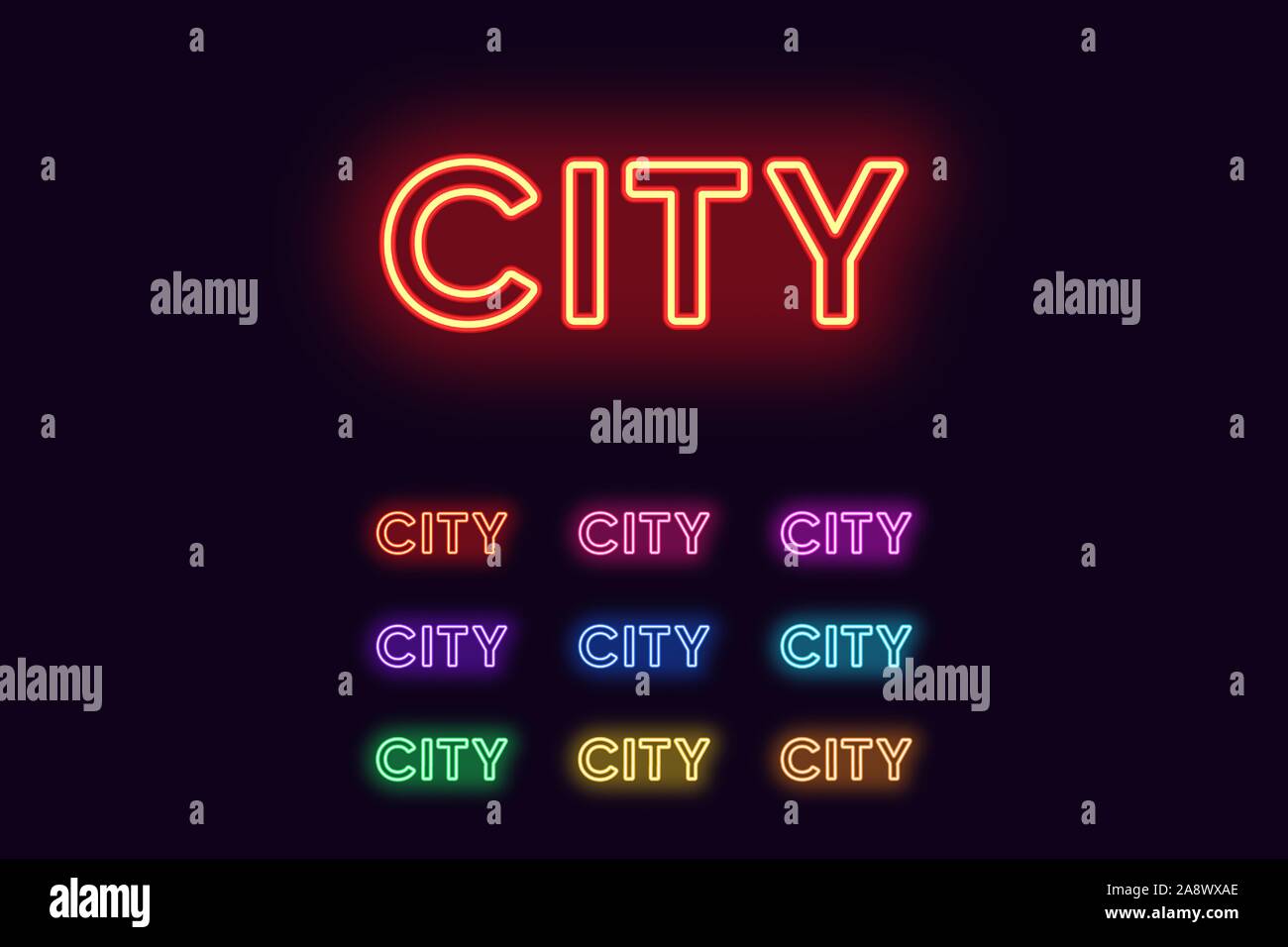 Neon City word. Neon text of City. Vector set of glowing Headlines with ...