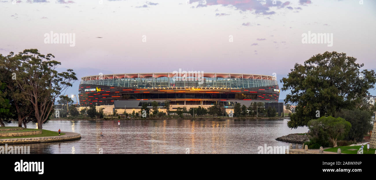 Claisebrook Cove opening into the Swan River and Optus Stadium across ...