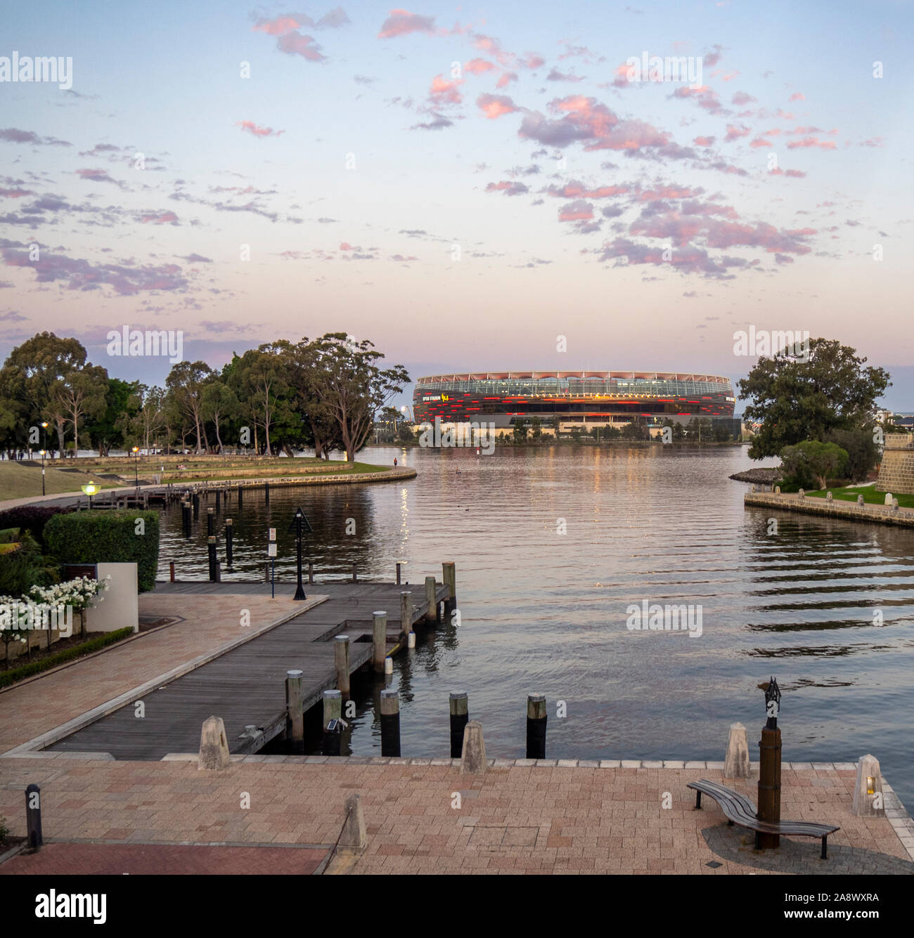 Claisebrook Cove opening into the Swan River and Optus Stadium across ...