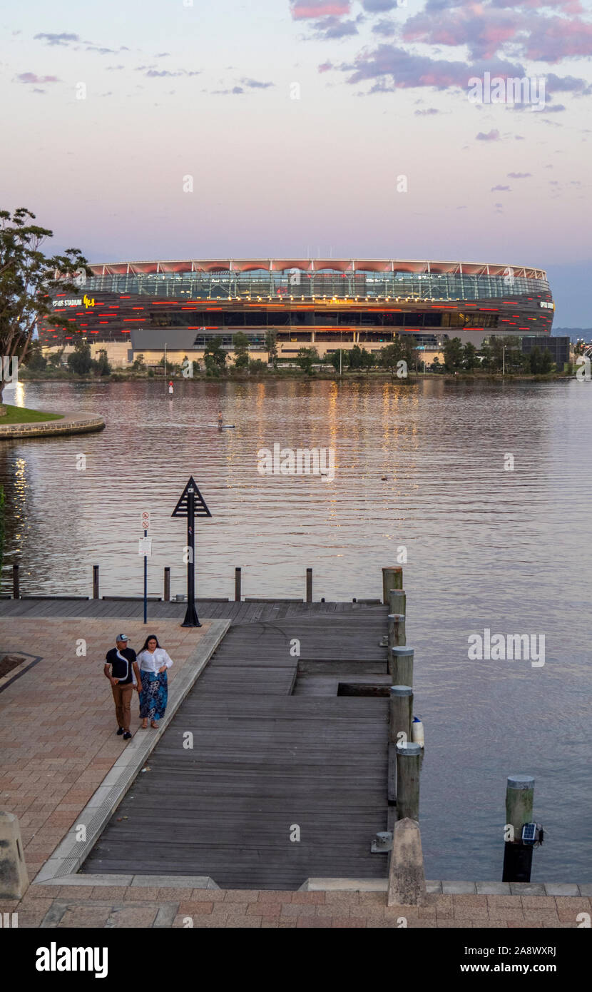 Claisebrook Cove opening into the Swan River and Optus Stadium across ...