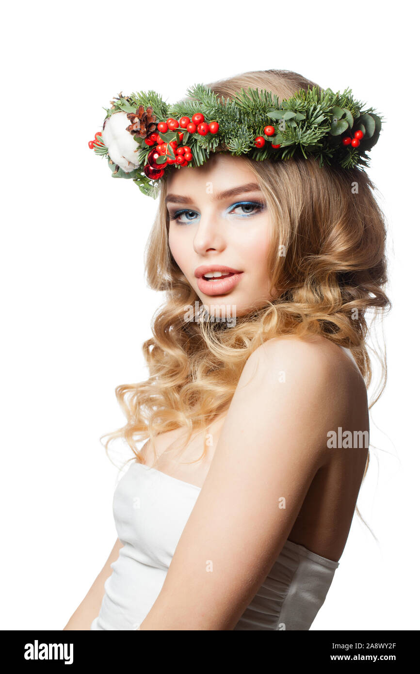 Christmas portrait of elegant woman Christmas model isolated on white ...