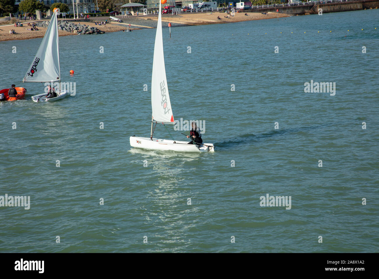 One person dinghies are seen in the port of Dover during a sunny day in ...