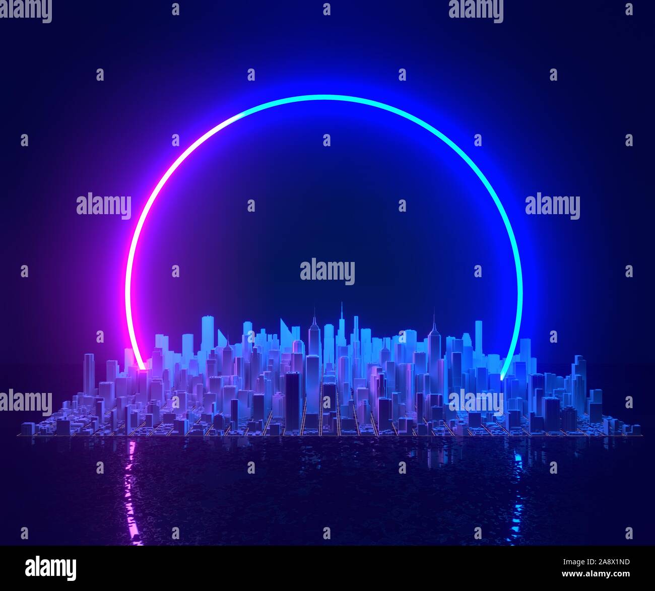 Night city buildings in neon lights. Growing megopolis development ...