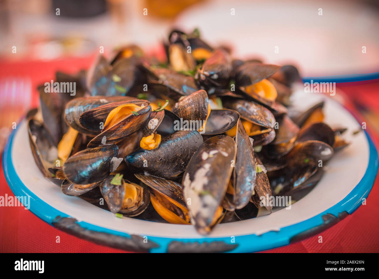 A large portion of sea mussels in a restaurant Stock Photo - Alamy