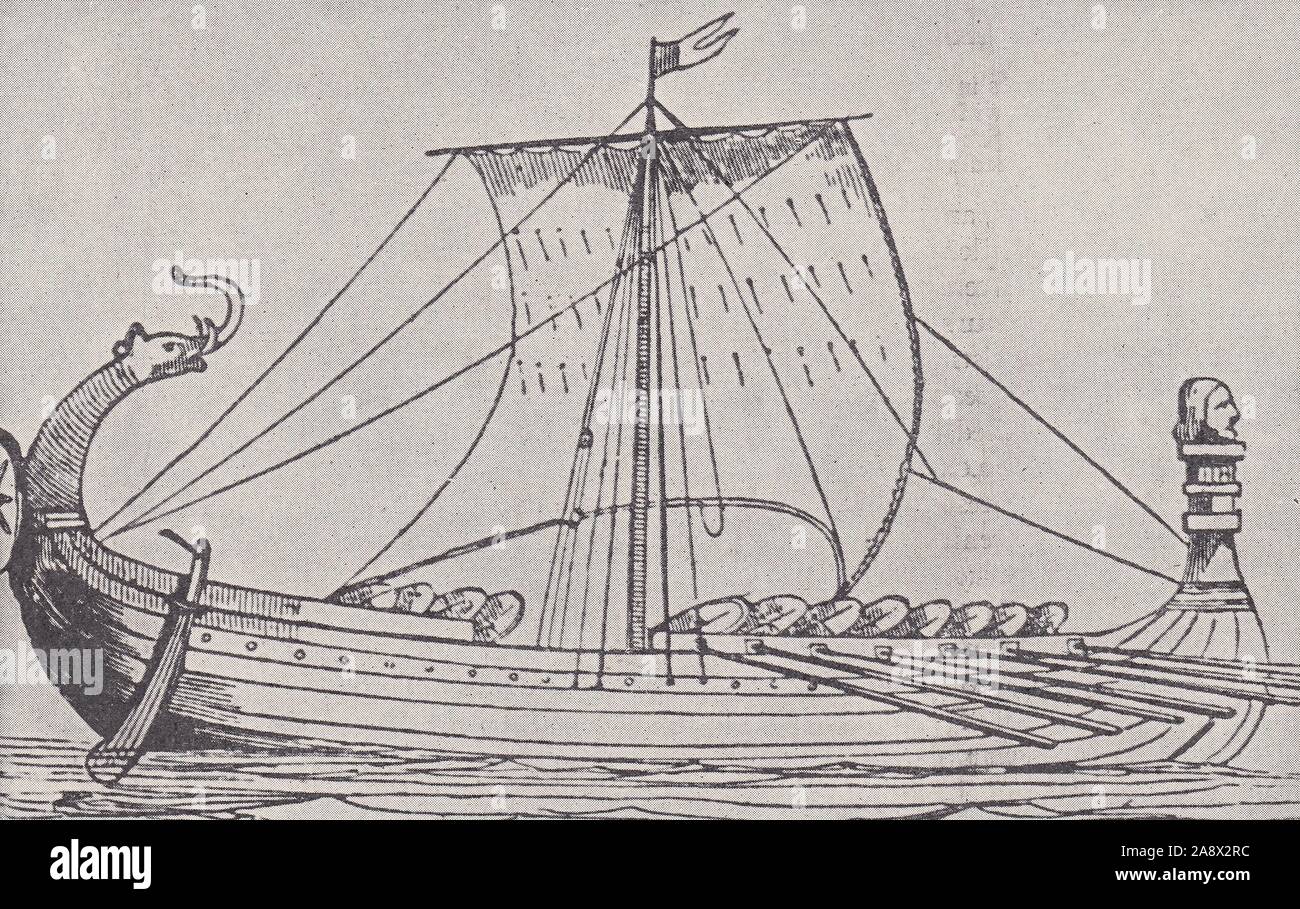 A 1930s Drawing of a Dragon Ship which the Northmen sailed the seas on ...