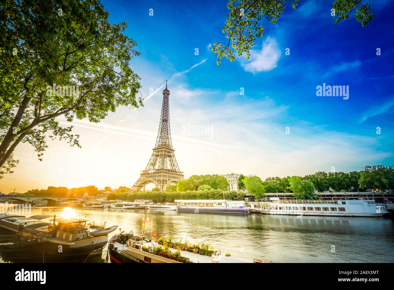 Paris Eiffel Tower and famous river Seine at sunrise in Paris, France ...