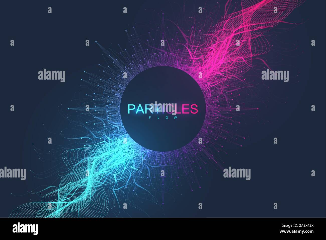 Abstract scientific background with dynamic particles, wave flow. 3D data visualization with ...