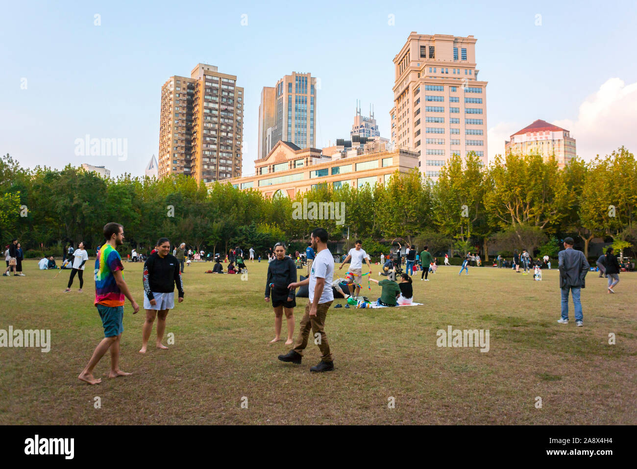 Shanghai, China, Large Crowd Chinese People Enjoying Urban Park, Fuxing ...