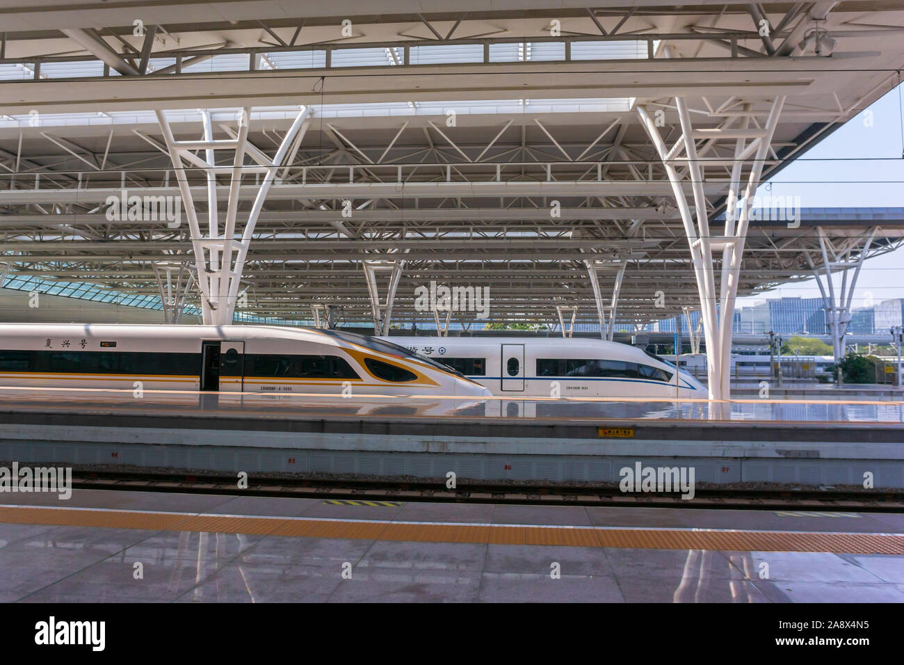 Shanghai, China, Trains on Platform Inside, Bullet Train Station, for ...
