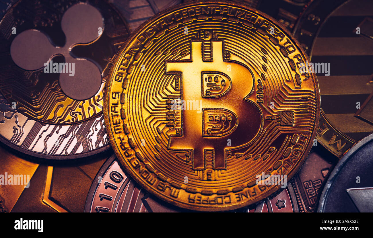 Crypto currency coin set collection, bitcoin, ethereum, litecoin ...