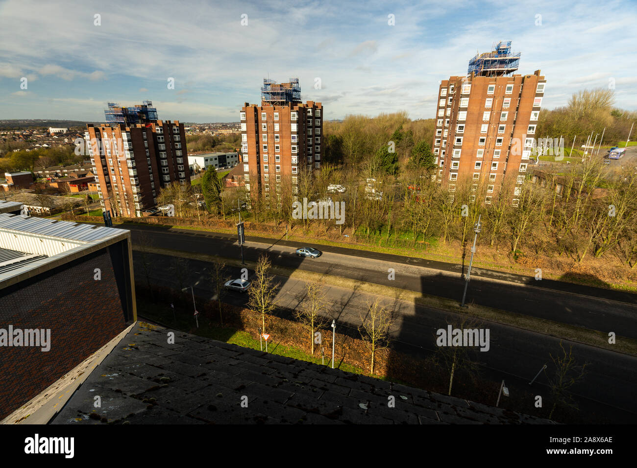 Aerial view of high rise tower blocks, flats built in the city of Stoke ...