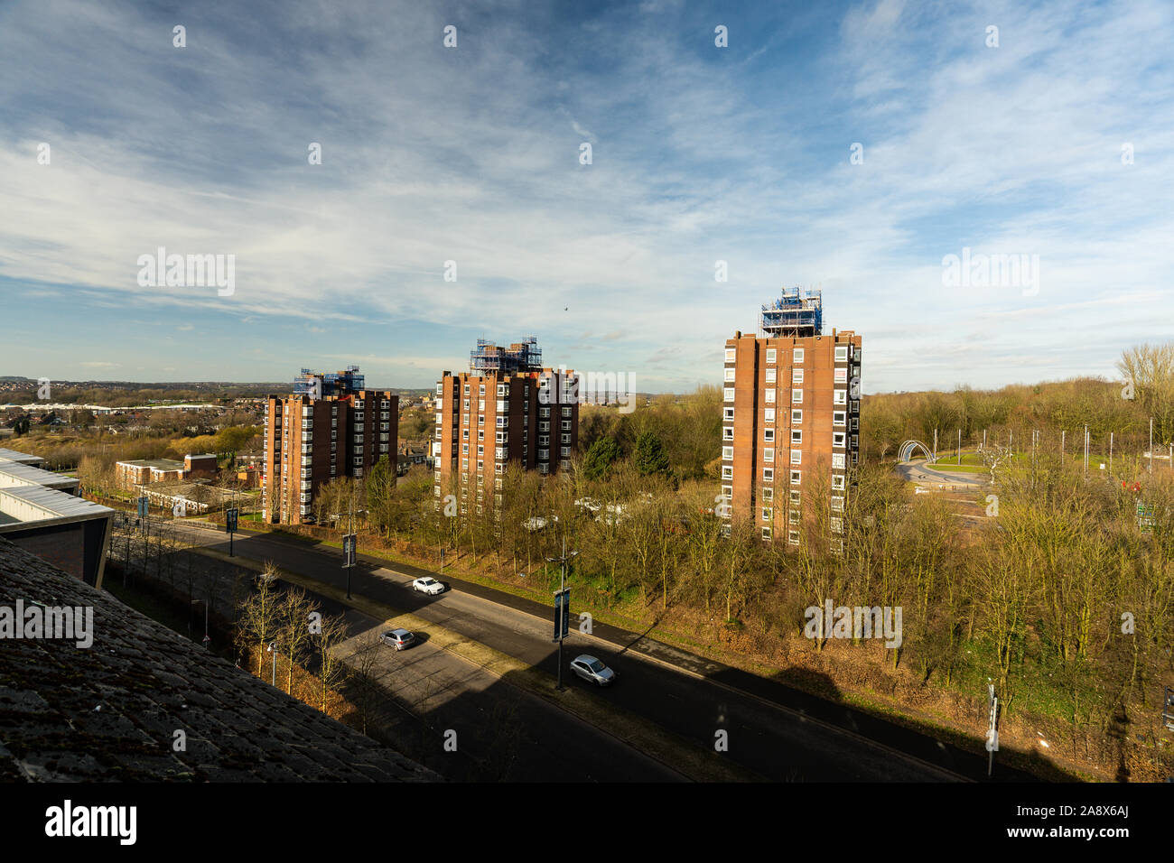 Aerial view of high rise tower blocks, flats built in the city of Stoke ...