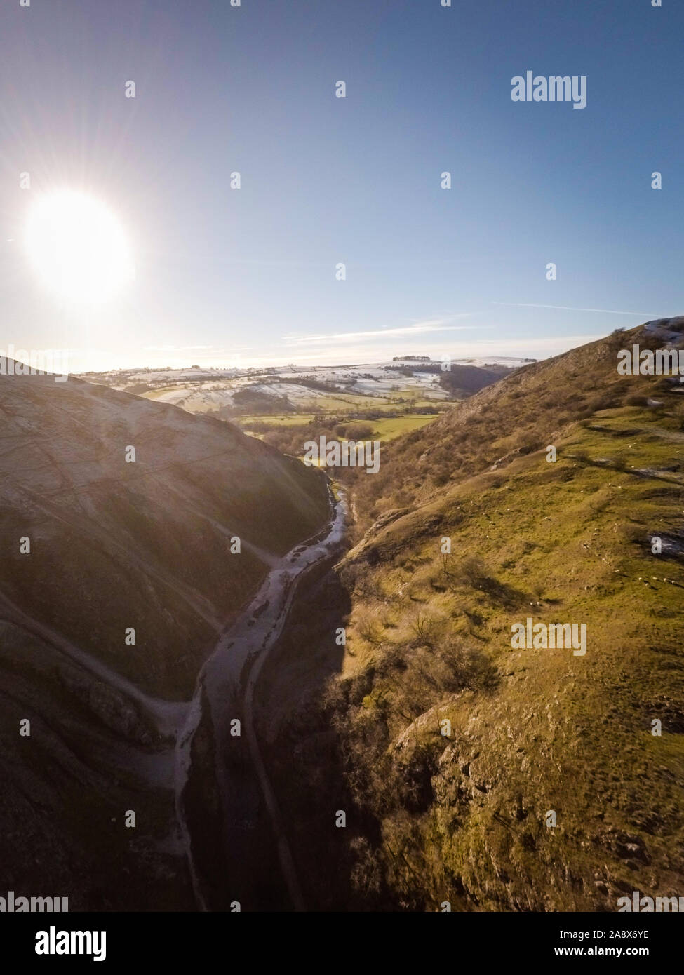 Aerial views of the stunning Dovedale stepping stones and mountains in ...