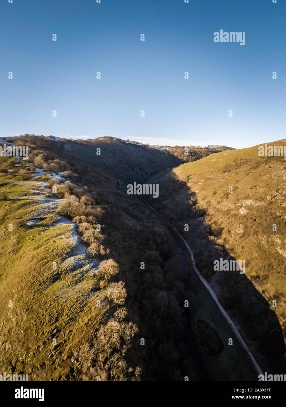 Aerial views of the stunning Dovedale stepping stones and mountains in ...